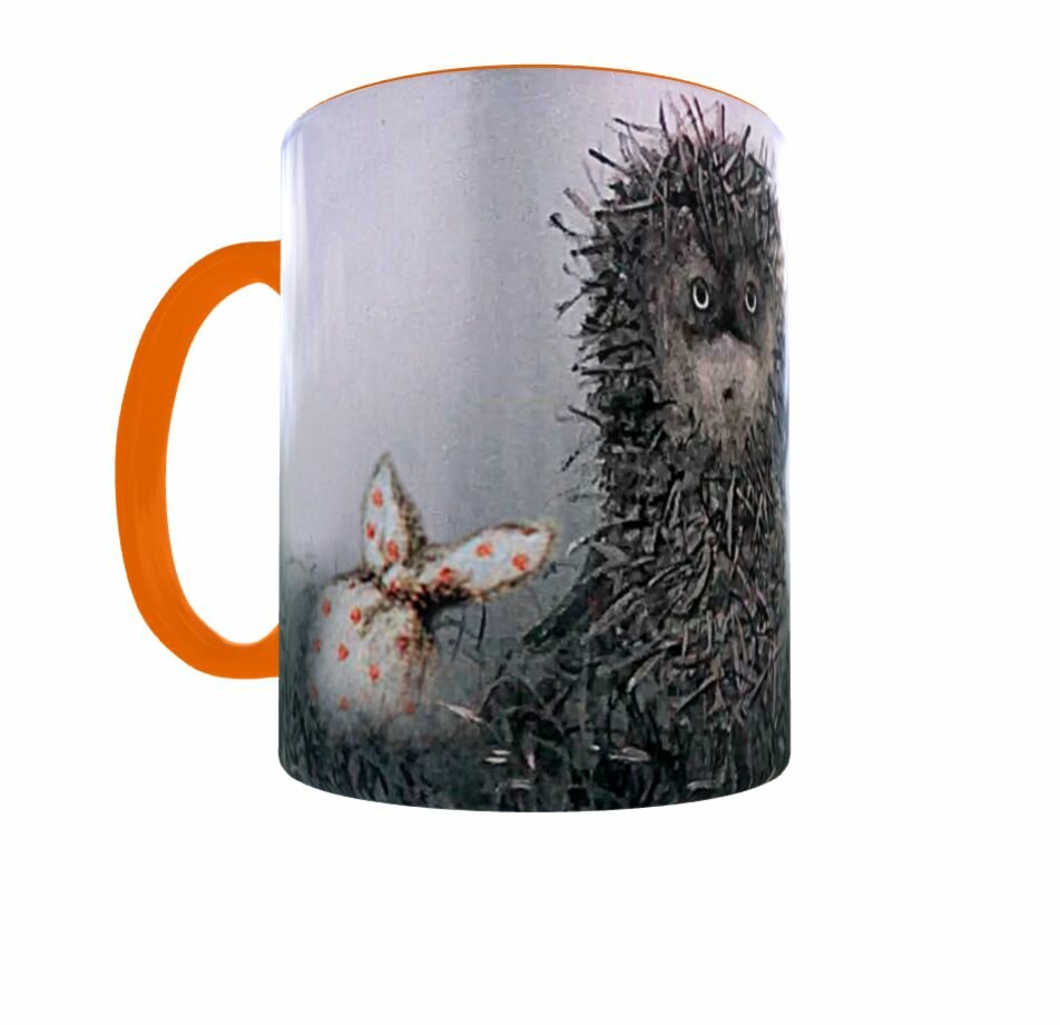 Уникальная кружка премиум класса /Ежик в тумане/Узелок в оранжевый горошек, светлячок на травинке/Авторский бокал ручной работы, Эксклюзив, Новинка/ Оранжевая - уникальная, 330 мл, 1 шт