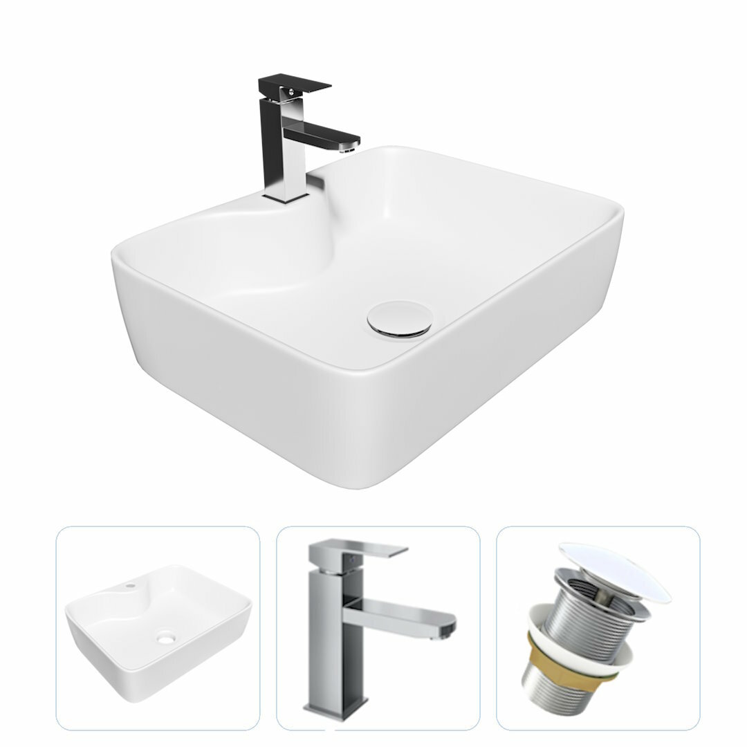 Раковина накладная для ванной Teymi Helmi S 48 в комплекте смеситель хром и донный клапан клик-клак без перелива белый F01636