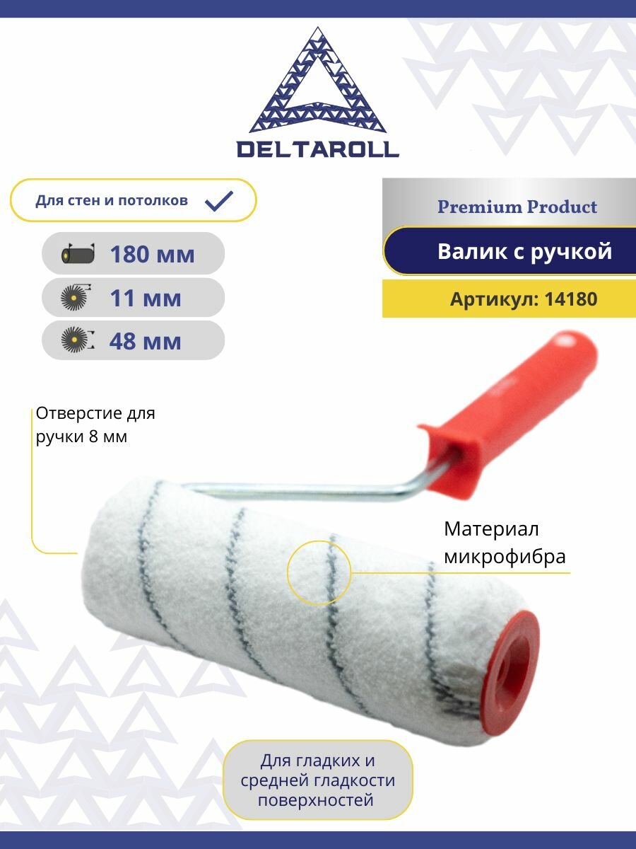 Валик малярный для стен с ручкой 180 х 48 мм, ворс 11 мм DeltaRoll