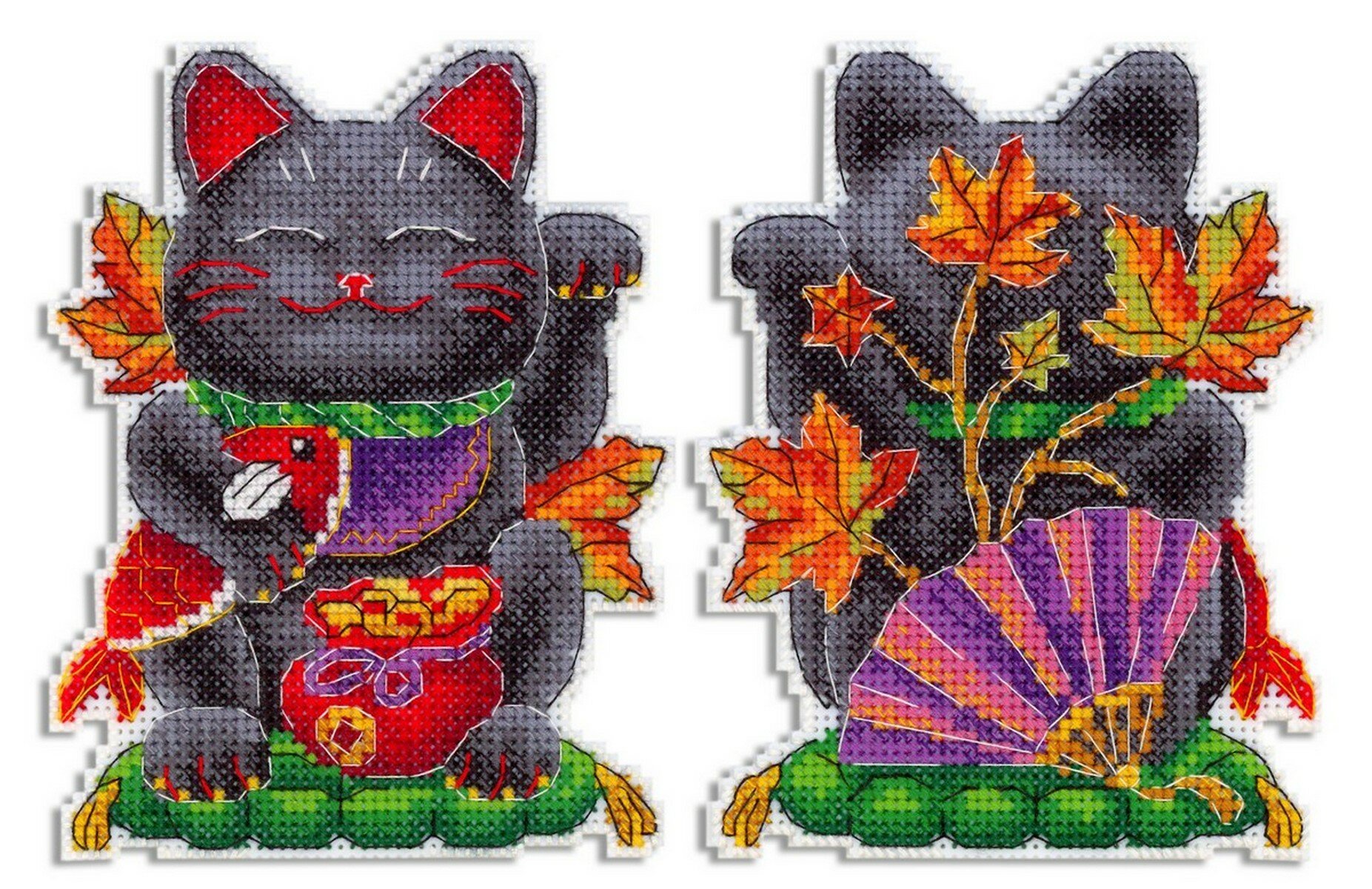 Вышивка Черный манеки-неко 13x10 см.