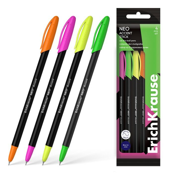 ErichKrause Ручки шариковые ErichKrause. Neo Stick Accent, 4 штуки, синий стержень, узел 0.7 мм