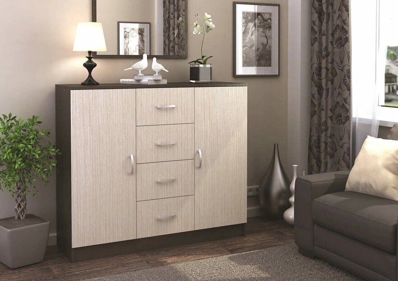 Комод 4 ящика и 2 створки КМ 555М «Бася», венге/дуб белфорт (1200х414х990)