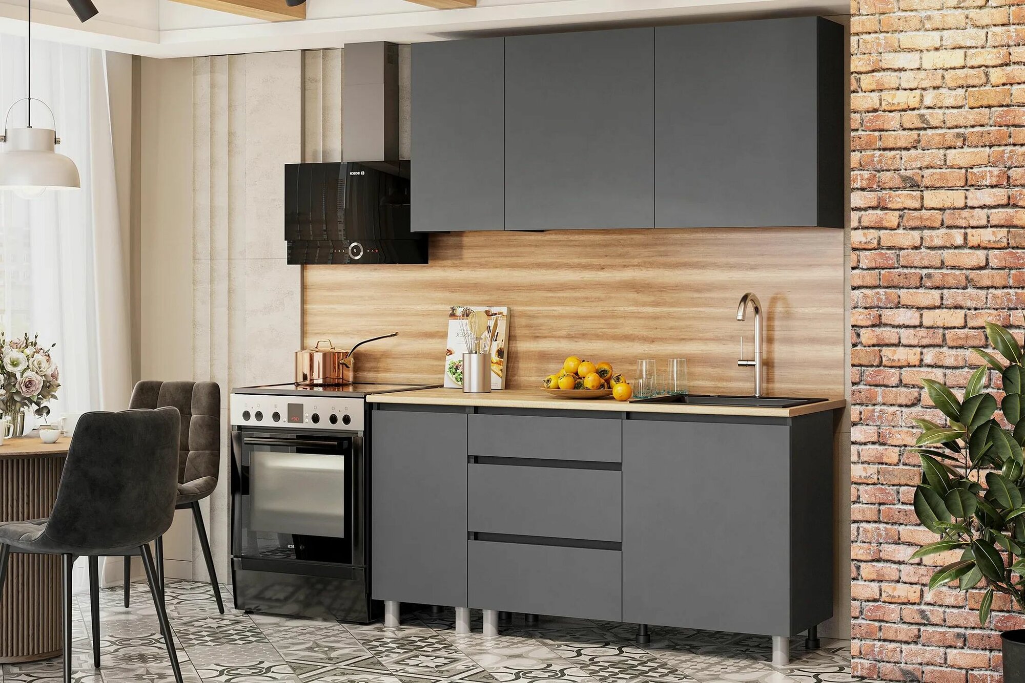 Кухня "Эдвуд" 1.6 м графит серый