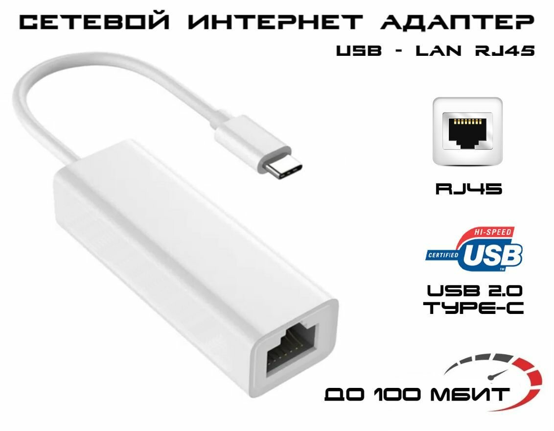 Интернет адаптер USB Type-C 2.0 для подключения проводного интернета через разъем RJ45 (100Mbps), до 100 Мбит