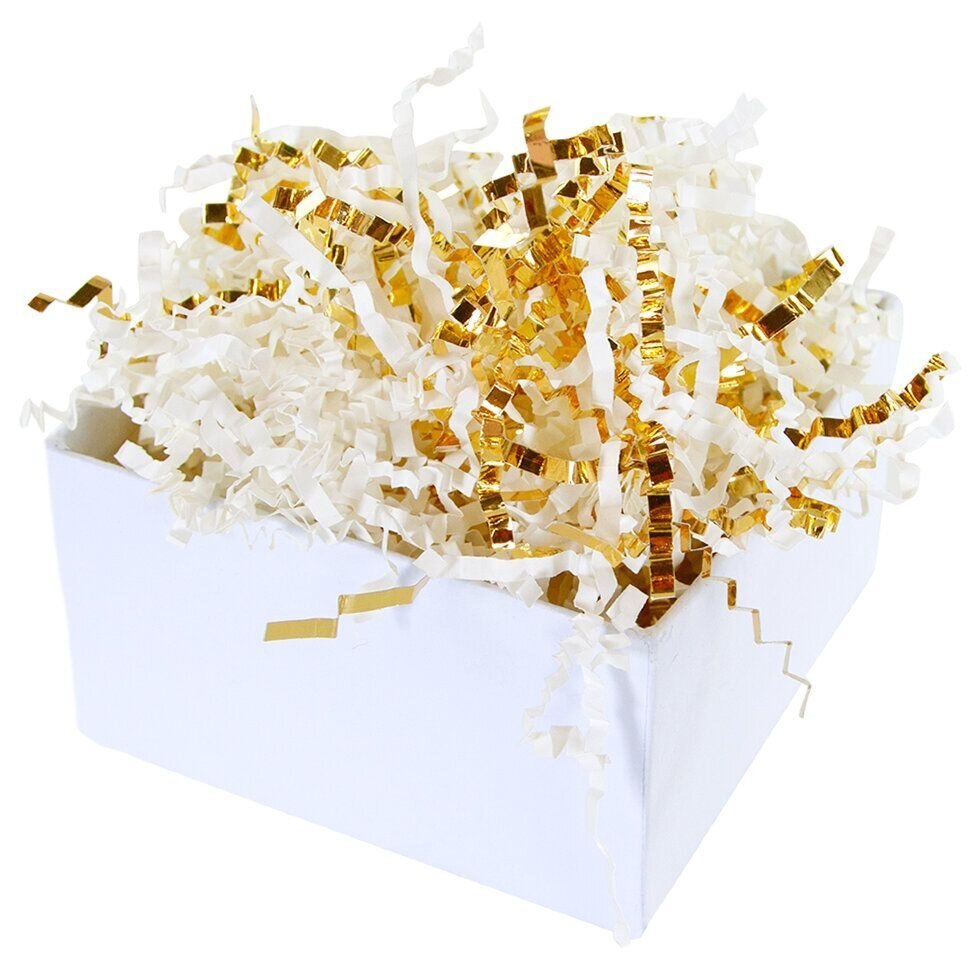 Наполнитель для коробок Праздничный Дуэт, бумага, ПП, Белый/Золото, Металлик, 50 г.