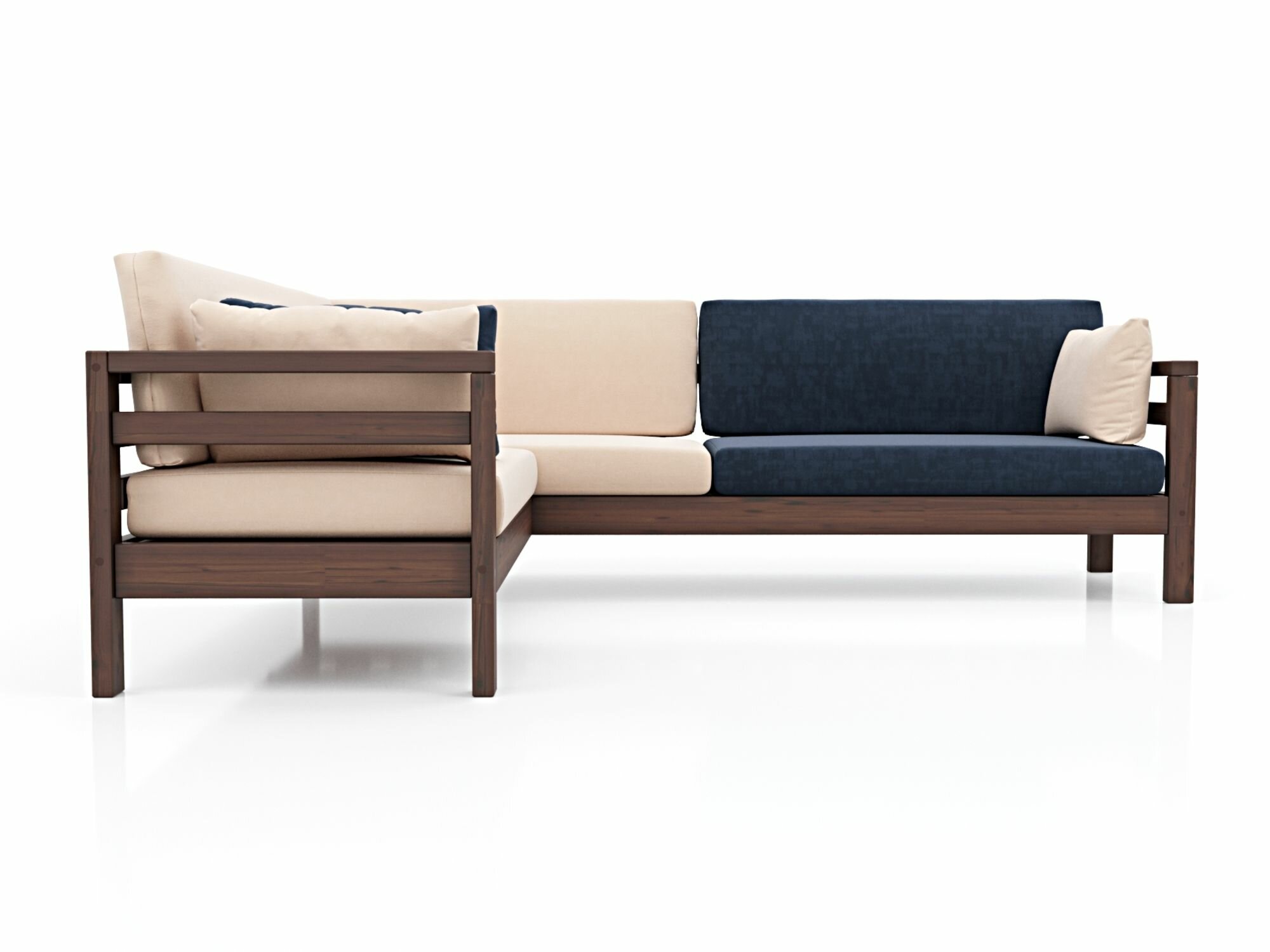 Угловой садовый диван Arsko Домино-У-С левый, белый+синий-орех, велюр, деревянный, в гостиную, скандинавский лофт