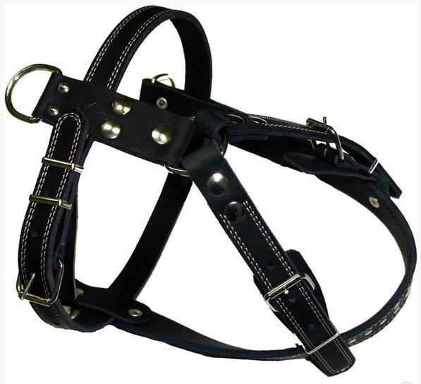 Шлейка аркон №2 кожаная водильная, двухслойная черная для собак (98 см/25 мм)