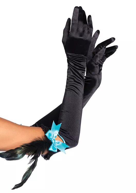 Длинные перчатки Leg Avenue, атласно-голубой бант из перьев, черный