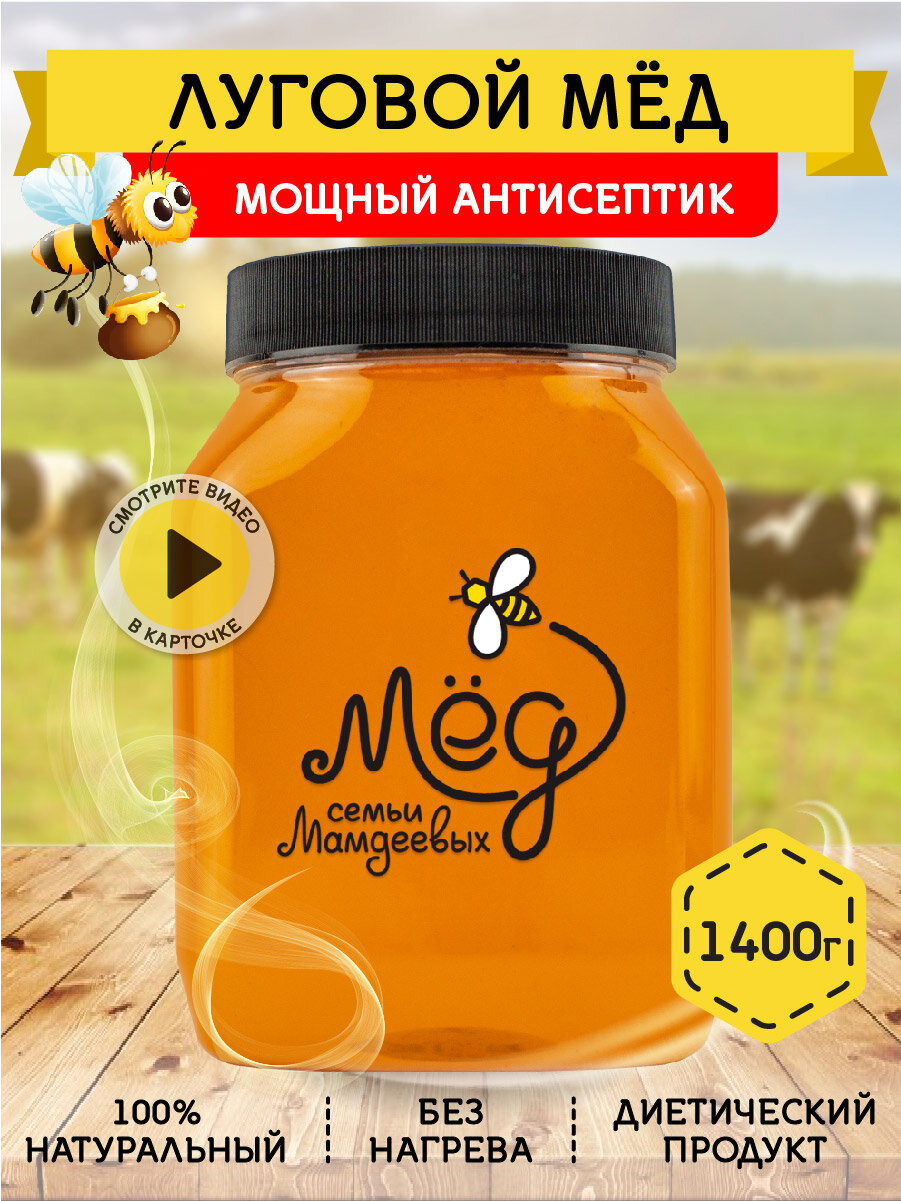 Луговой мёд, 1,4 кг Натуральный мед без сахара, сладости к чаю