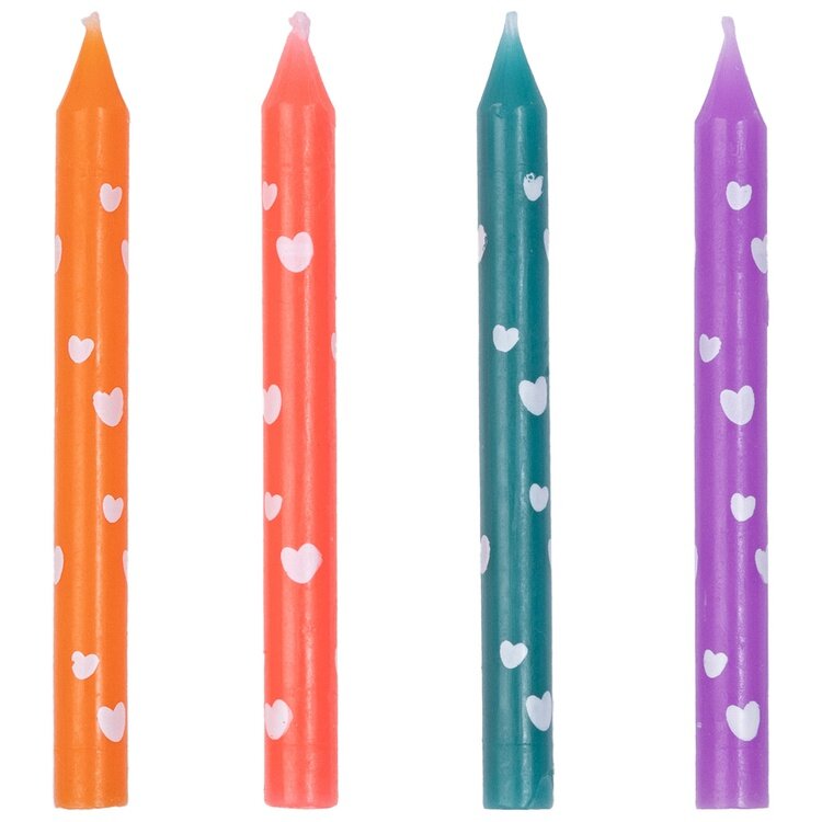Свечи для торта Разноцветные с белыми сердцами, 12 штук