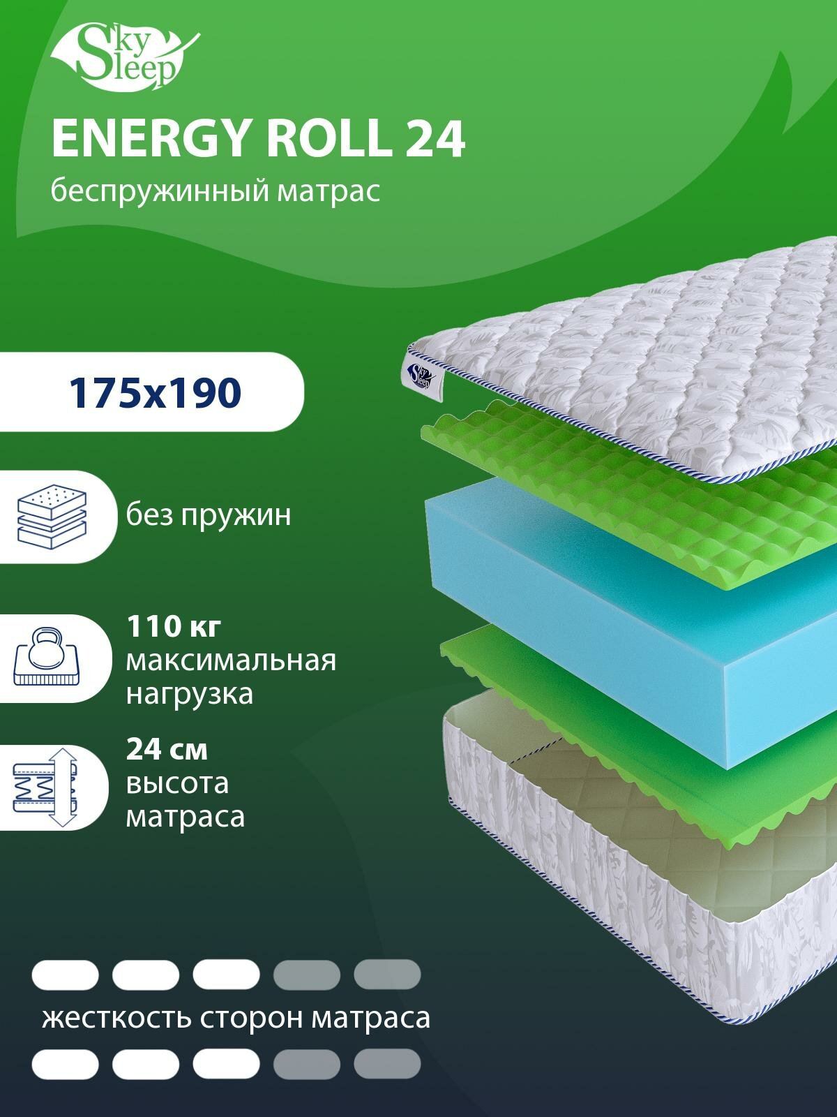 Матрас 175x190 см анатомический беспружинный SkySleep ENERGY ROLL 24, средней жесткости, для двуспальной кровати, с массажным эффектом