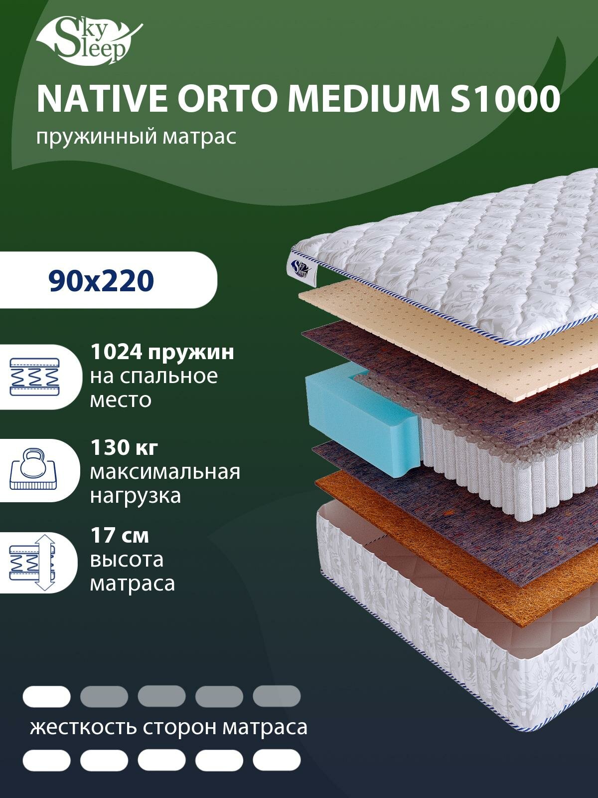 Матрас 90x220 ортопедический пружинный SkySleep NATIVE ORTO MEDIUM S1000
