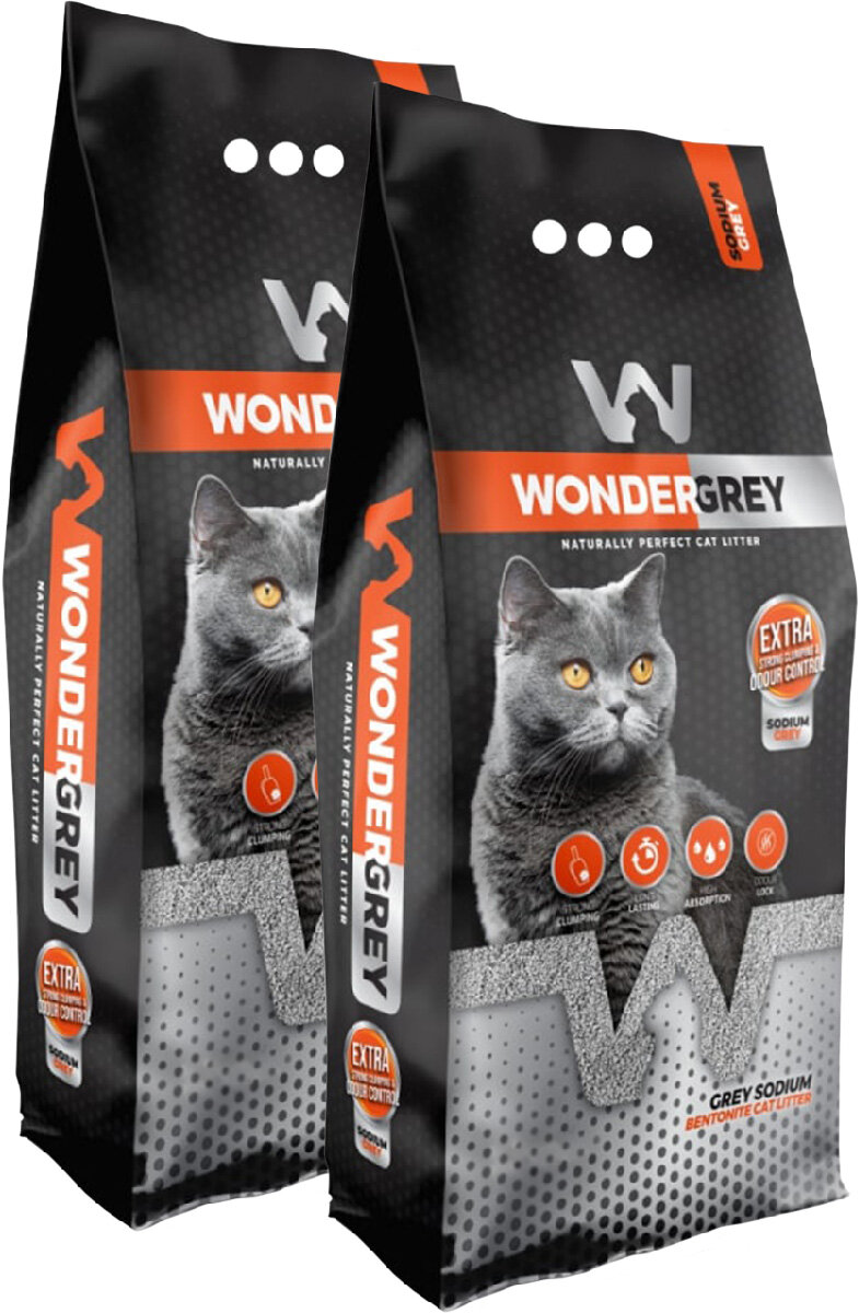 WONDER GREY NATURAL наполнитель комкующийся натриевый для туалета кошек без запаха (10 + 10 кг)