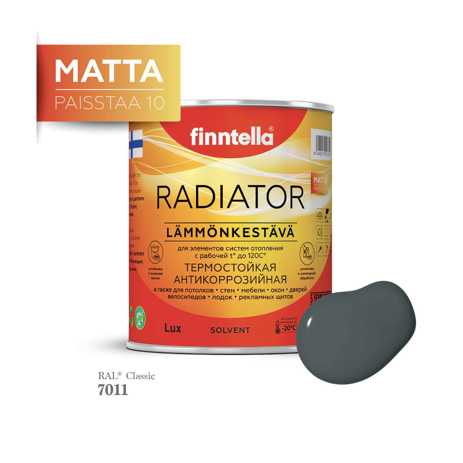 Краска для радиаторов быстросохнущая финская эмаль FINNTELLA RADIATOR Matta. Матовая. Цвет RAL7011 , 0,9л