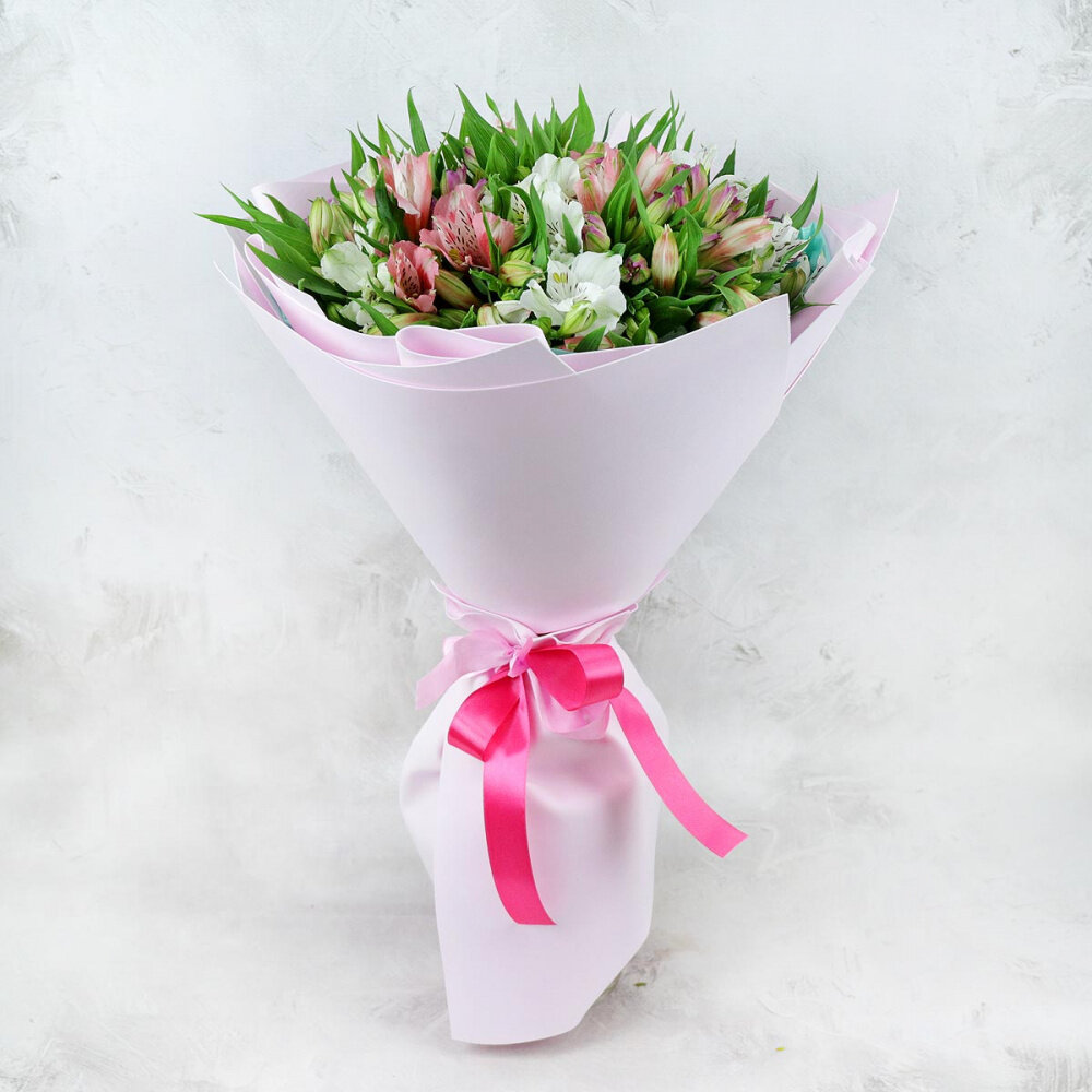 Букет "Альстромерия", альстромерии 31 шт, оберточная бумага, S размер, разноцветные