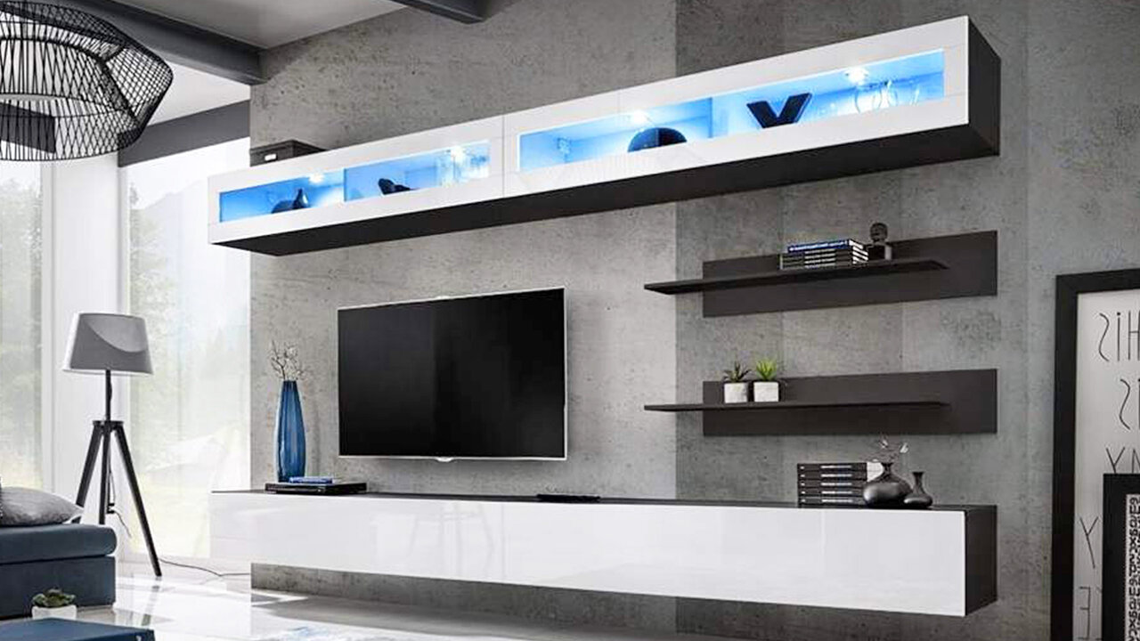 Гостиная 2 МДФ Белый DM635-6 / Черный 0190 NEW 320x40x180 см, белый, черный Фиеста