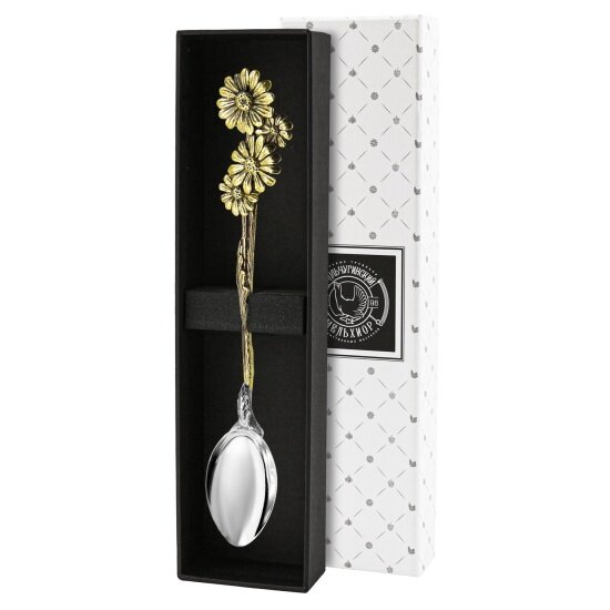Ложка Кольчугинский Мельхиор для размешивания кофе "Ромашки" латунная с посереб. яблочком + футляр КМ1814ЛЖ01_8