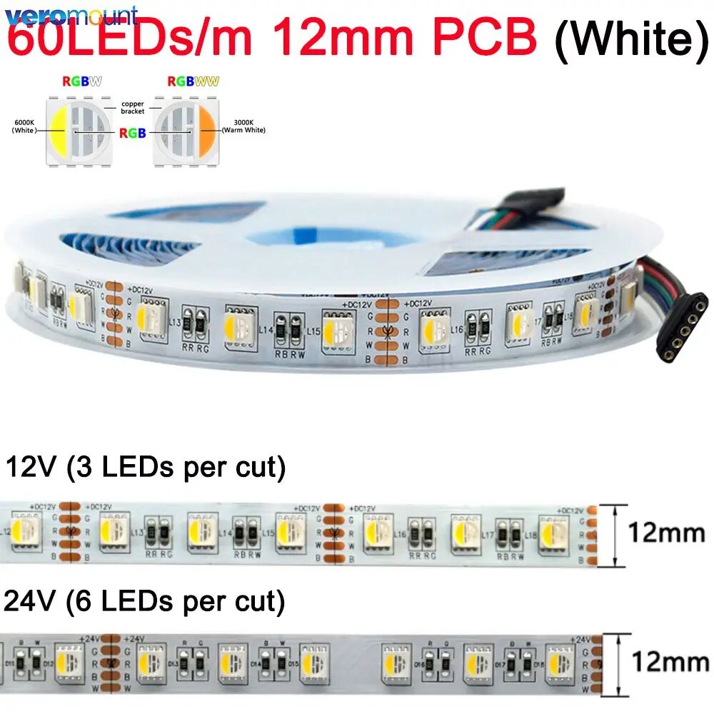 Светодиодная лента Veromount RGBW/RGBWW 60LEDs 4 in 1 RGBW W, IP20 Non Waterproof, RGB White, 24V DC
