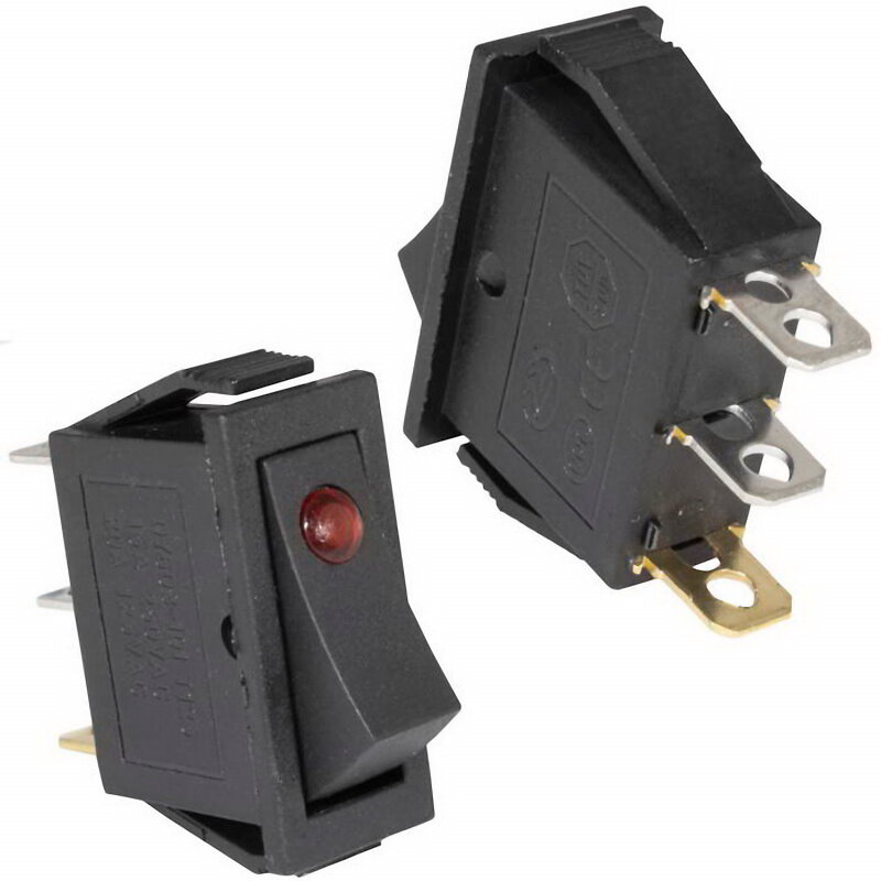Клавишный переключатель 3 контакта, ON-OFF, черный, лампочка