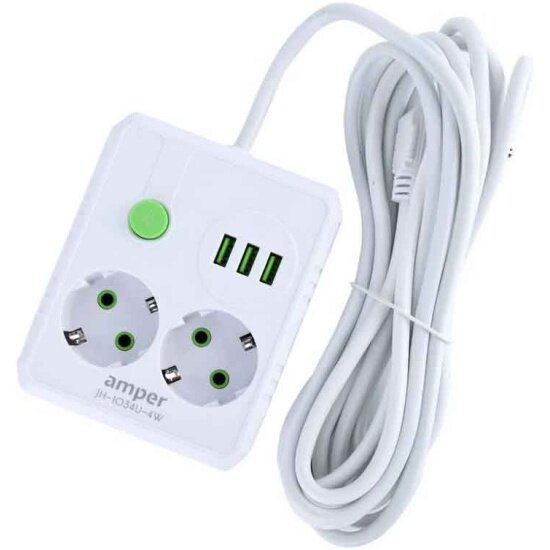 Сетевой удлинитель с USB Amper JH-1034U-4W 2 розетки, 3usb, 2500 Вт, 10А, 4,0м, белый.