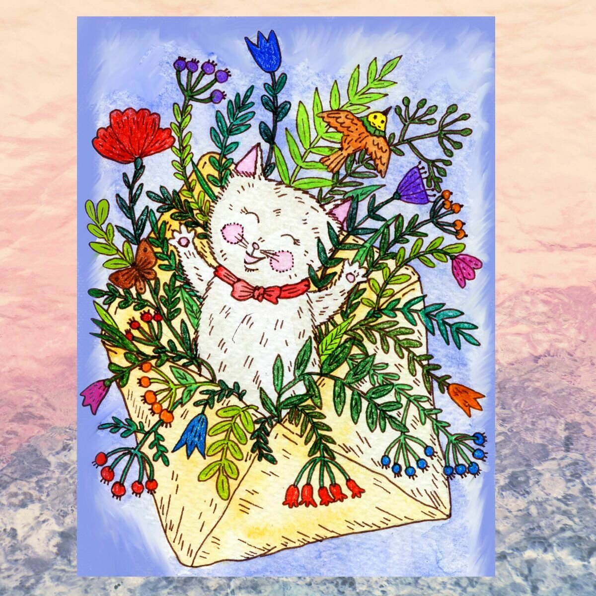 Открытка Кошачья почта Открытка с котом и цветами поздравительная с конвертом