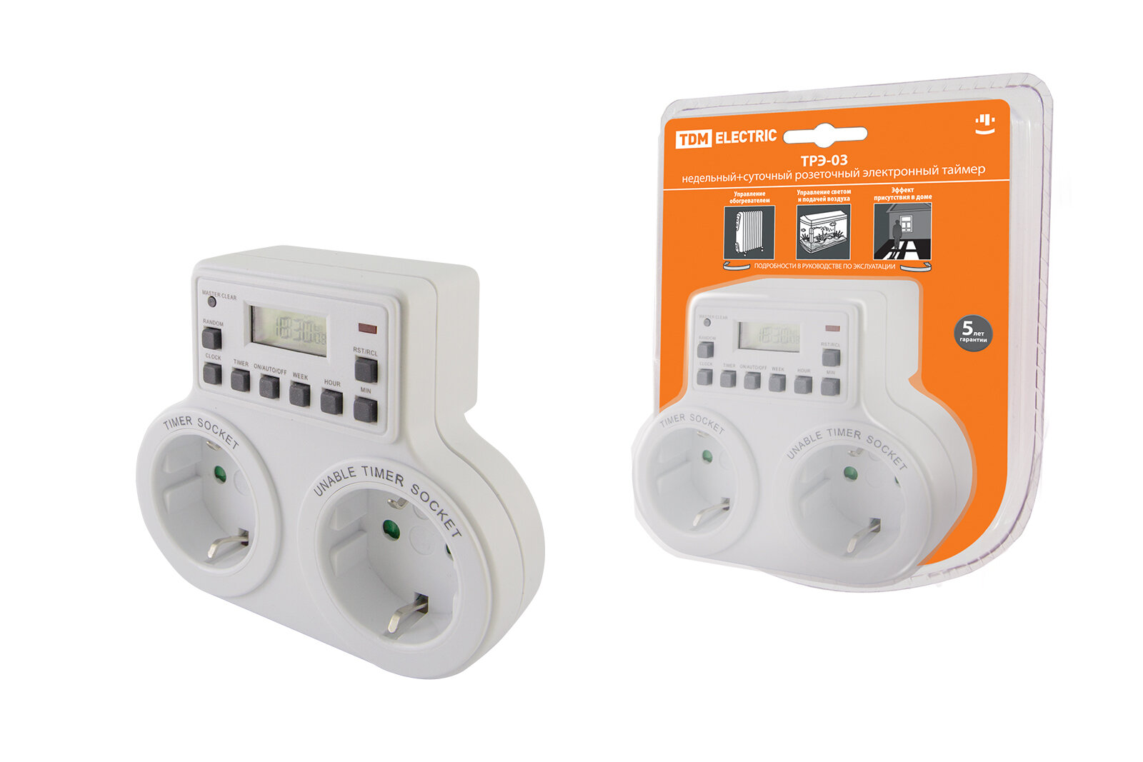 Электро таймер розеточный электронный ТРЭ-03-1мин/7дн-10on/off-2х8А-2р недельный, 2 розетки TDM SQ1506-0006