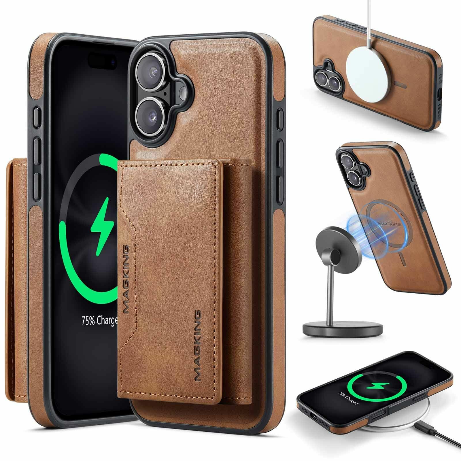 Кожаный чехол Deluxe для Apple iPhone 16 Plus(Эпл Айфон 16 Плюс) с беспроводной автомобильной зарядкой Magsafe