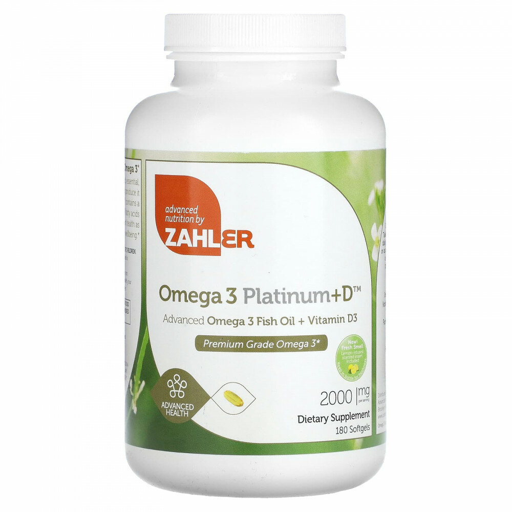 Zahler, Omega 3 Platinum+D™, усовершенствованный рыбий жир с омега-3 и витамин D3, 180 мягких таблеток