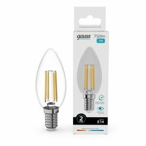Лампа светодиодная Gauss Elementary Filament Свеча Е14 12W(750lm) 4100К 98х35 прозр, стекло, нитевид 32122