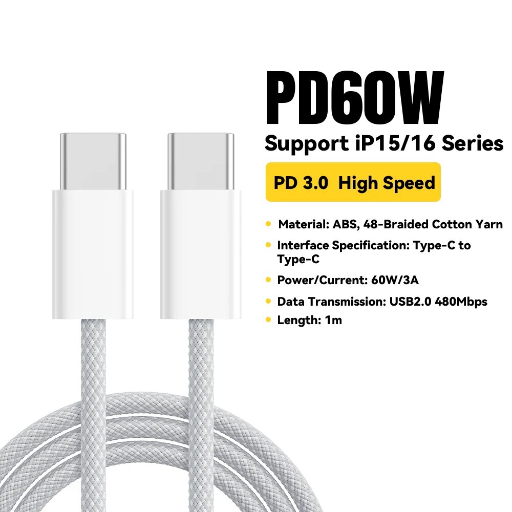 Essager 60 Вт USB C-кабель для iPhone 16 15 Plus Pro Max Xiaomi Кабель типа C для Macbook Pro iPad PD Кабель для быстрого зарядного устройства Type-C