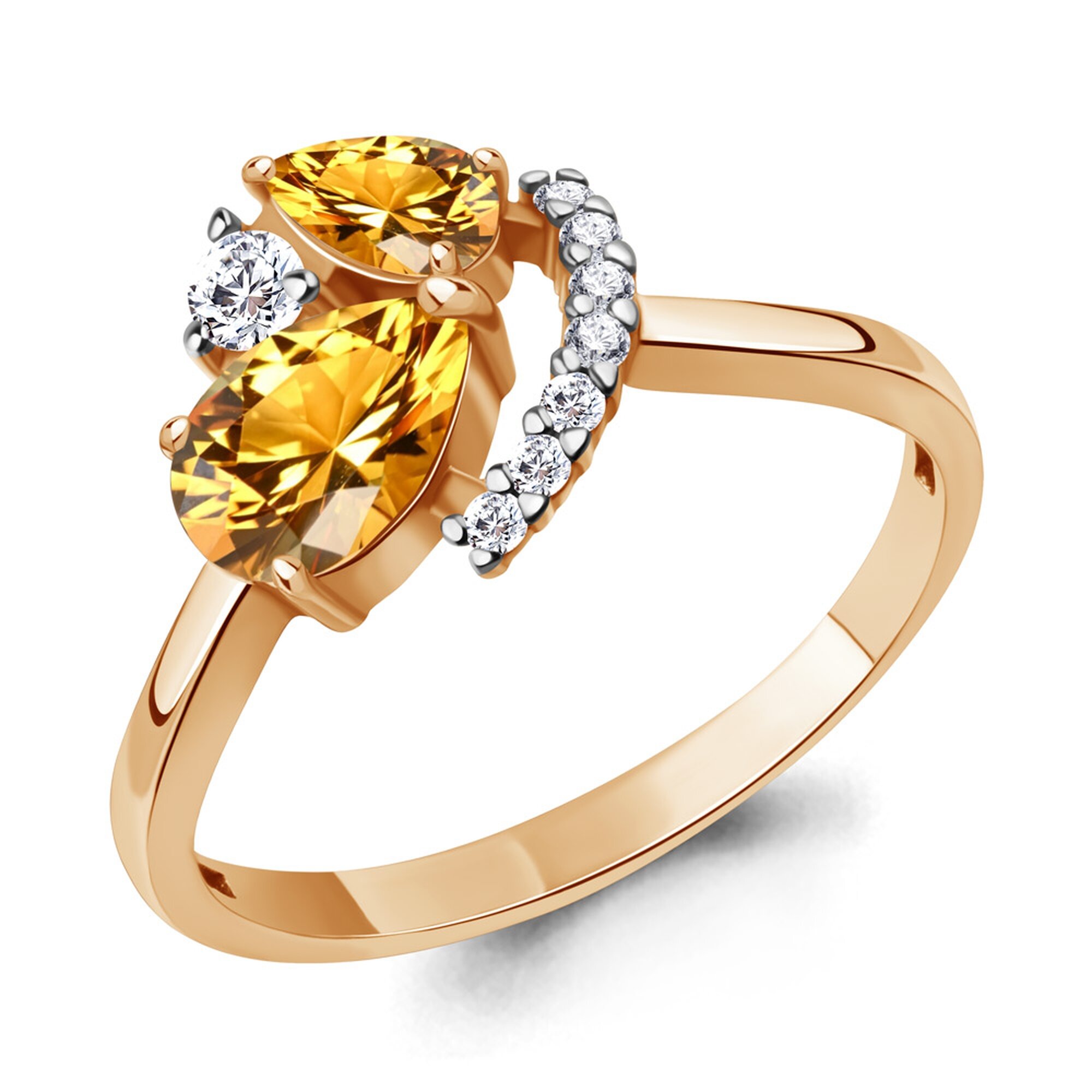 Кольцо, серебро, 925 проба, золочение, цитрин, фианит