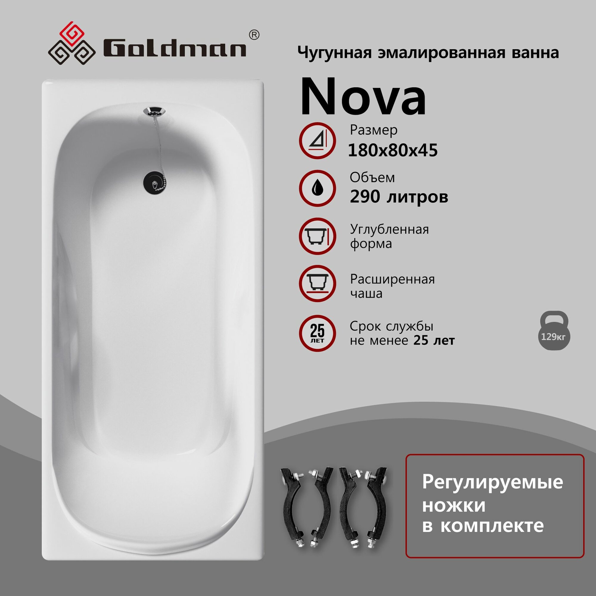 Чугунная ванна Goldman Nova 180x80x45