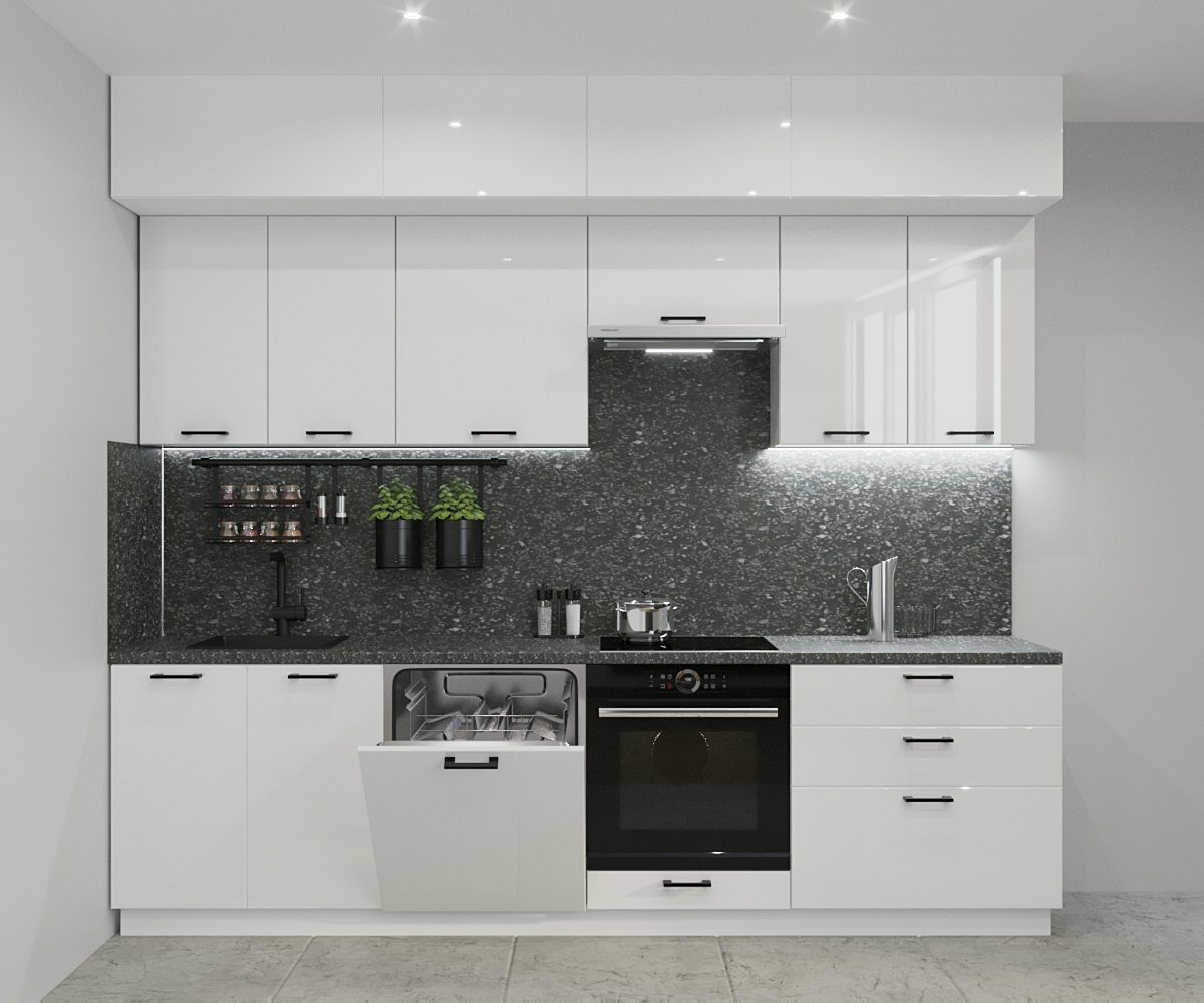 Кухонный гарнитур Белый глянец, фасады МДФ, длина 2800 мм, с антресольными шкафами