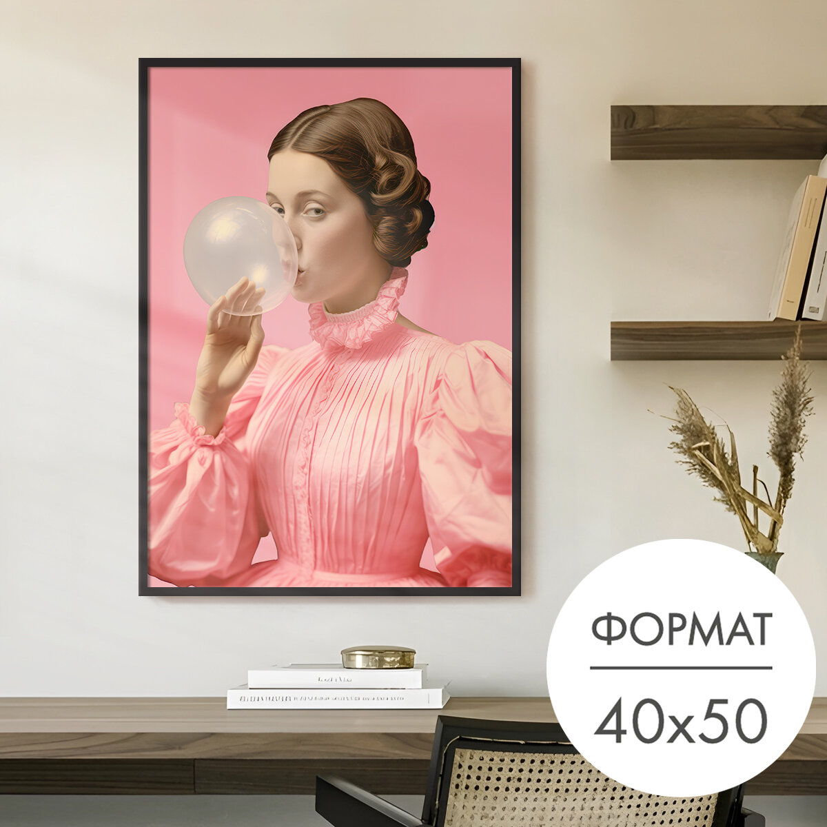 Постер "Девушка с пузырем на розовом" 40x50 без рамки на стену для интерьера