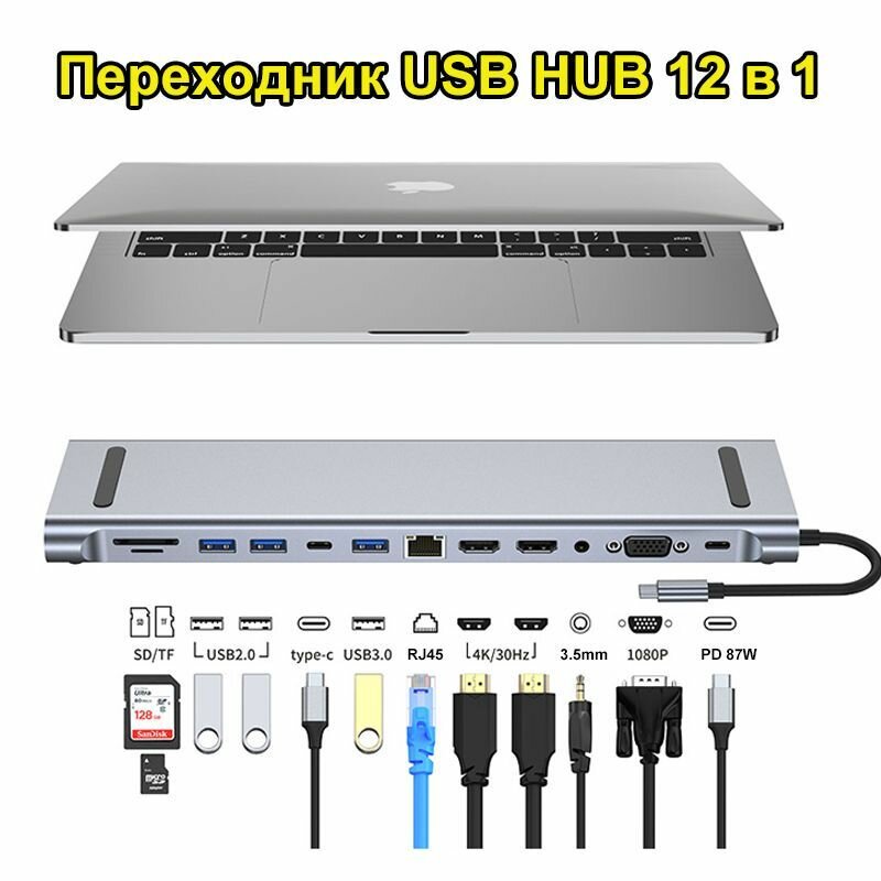 USB-концентратор 12 в 1 Type-C to PD, HDMI 4K 30Hz, USB3.0 2.0 C, SD FT, RJ45 100M Ethernet interface, VGA , 3.5mm AUX