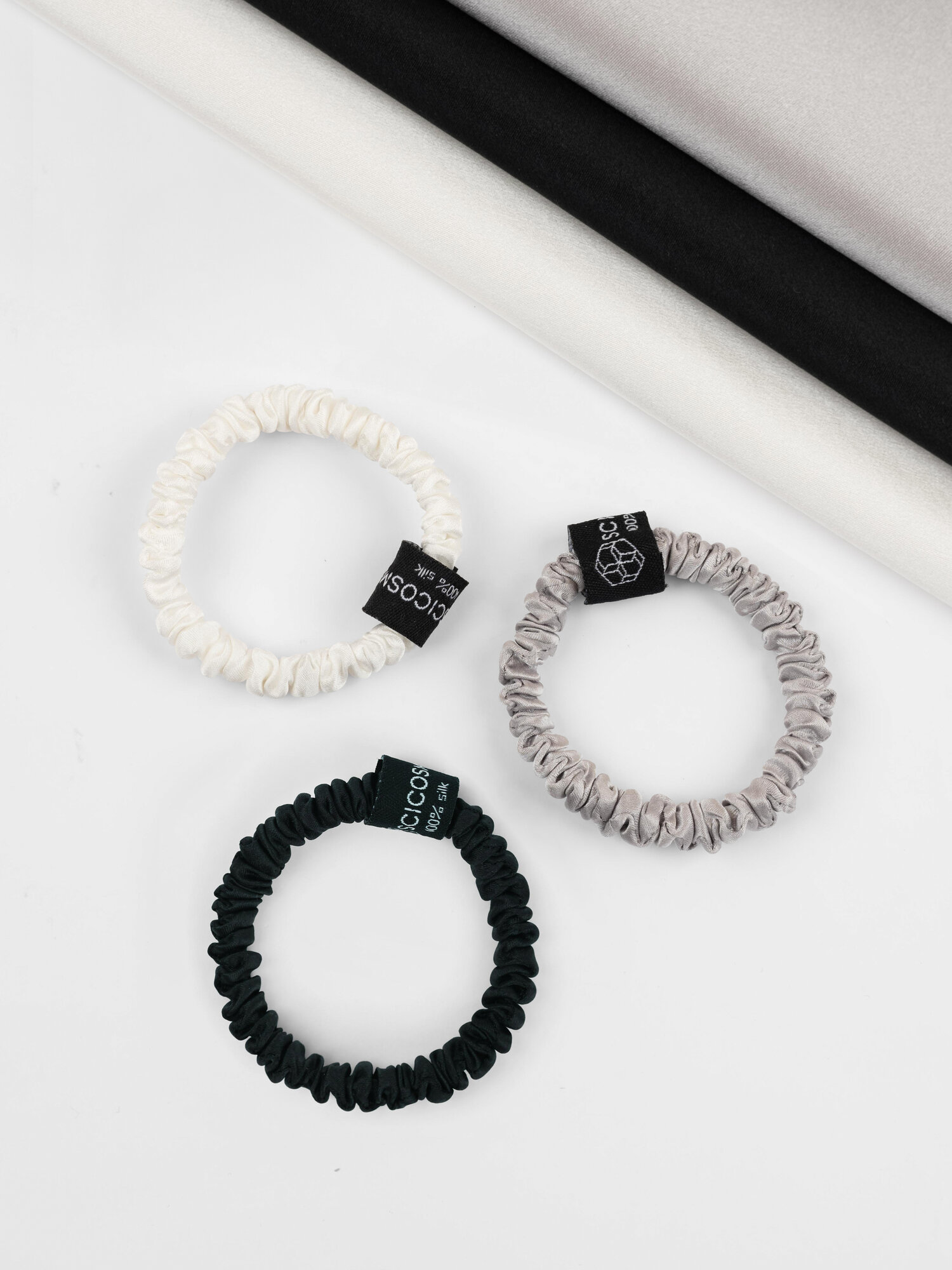 100% натуральный шелк 19 момми/Набор из 3-х резинок 1 см/цвета: черный, белый, серый