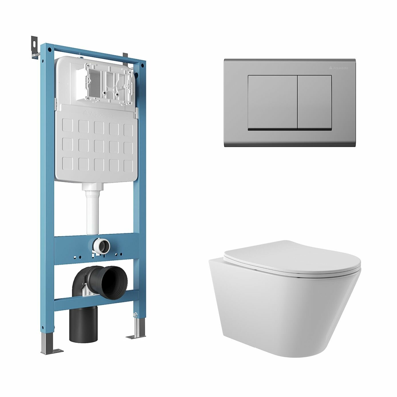 Комплект Aqueduto: Система инсталляции TECNICA Novo для подвесного унитаза, Панель смыва QUADRADO хром, Унитаз CONE 525*360, сиденье с микролифтом, белый глянцевый AQDS101