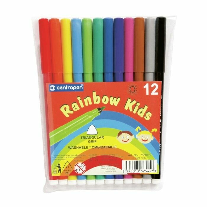 Фломастеры Centropen "Rainbow Kids", 12 цветов, смываемые, эргономичные, вентилируемый колпачок (7550/12)