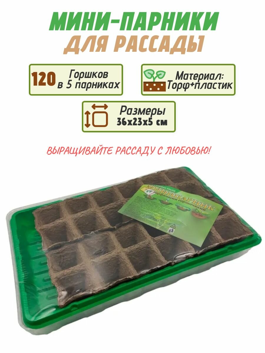 Мини-парник, 36х23х5 см, 5 штук: в комплекте торфяные горшочки 50х50 мм, обладают достаточной механической прочностью как в сухом, так и в увлажненном состоянии