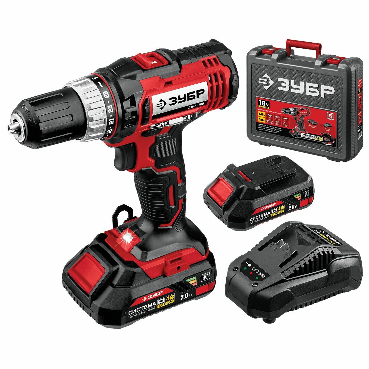 Дрель-шуруповерт ЗУБР безударная, аккумуляторная, с двумя аккумуляторами 2 Ач, 18 В