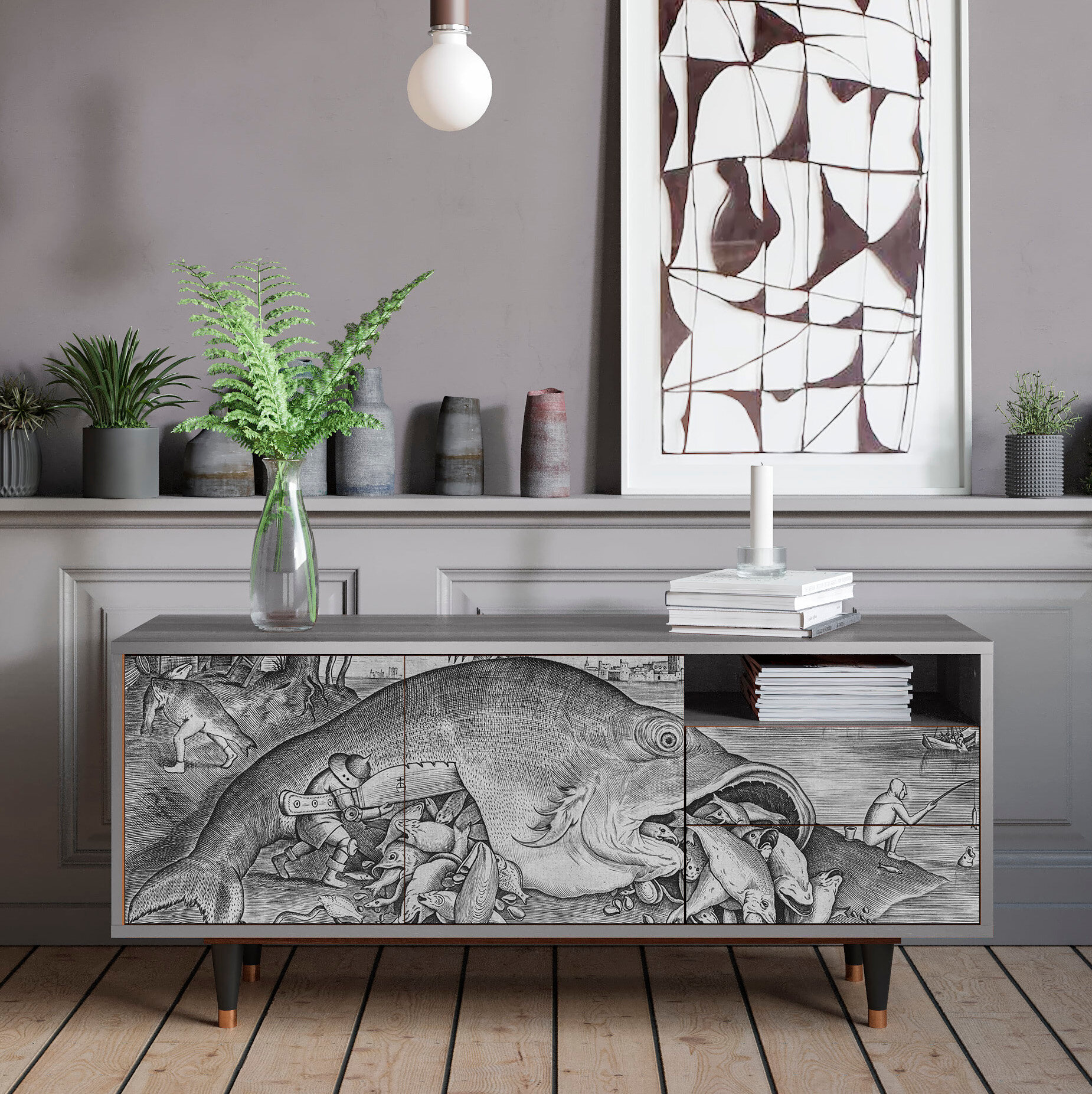 ТВ-Тумба - STORYZ - T7 Big Fish Eat Little Fish by Pieter Bruegel, Размер - 125 x 56 x 41 см, Цвет корпуса - , Серый