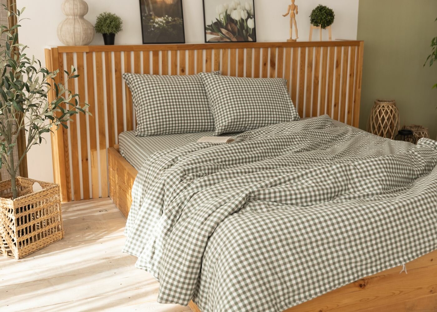 Пододеяльник UTRO из вареного хлопка, Зеленый клетчатый, Двуспальный, 172х205