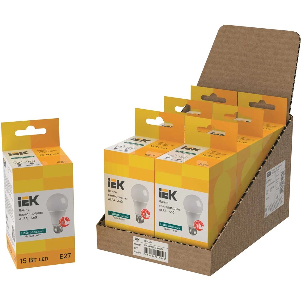 Лампа IEK LED ALFA A60 груша 15Вт 230В 4000К E27 (6шт/упак) LLA-A60-15-230-40-E27-6
