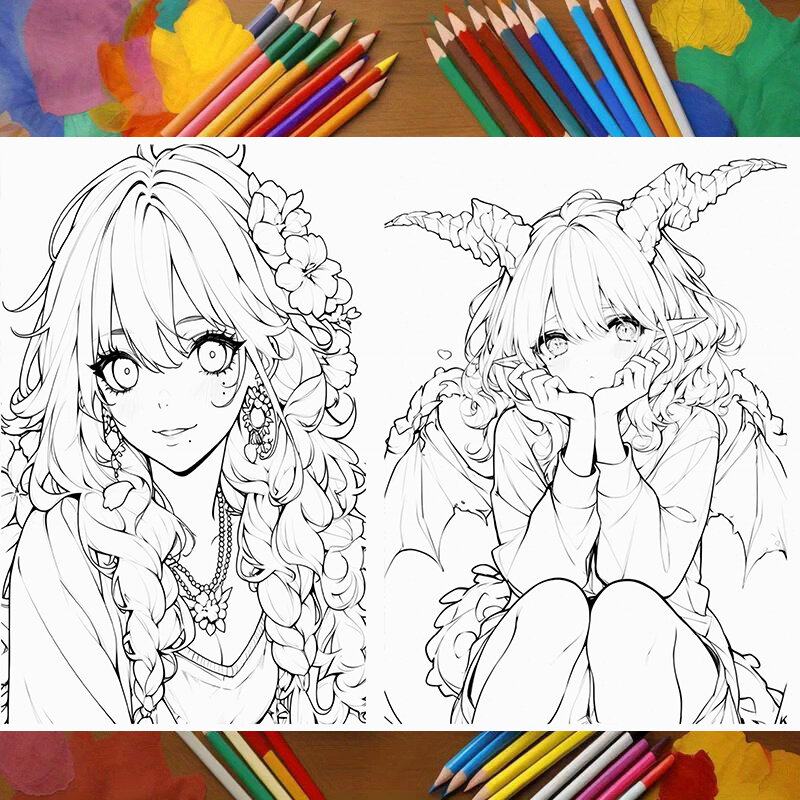 Раскраска Devil Girl , антистресс книга для творчества, раскраска в стиле аниме и фэнтези для взрослых и подростков