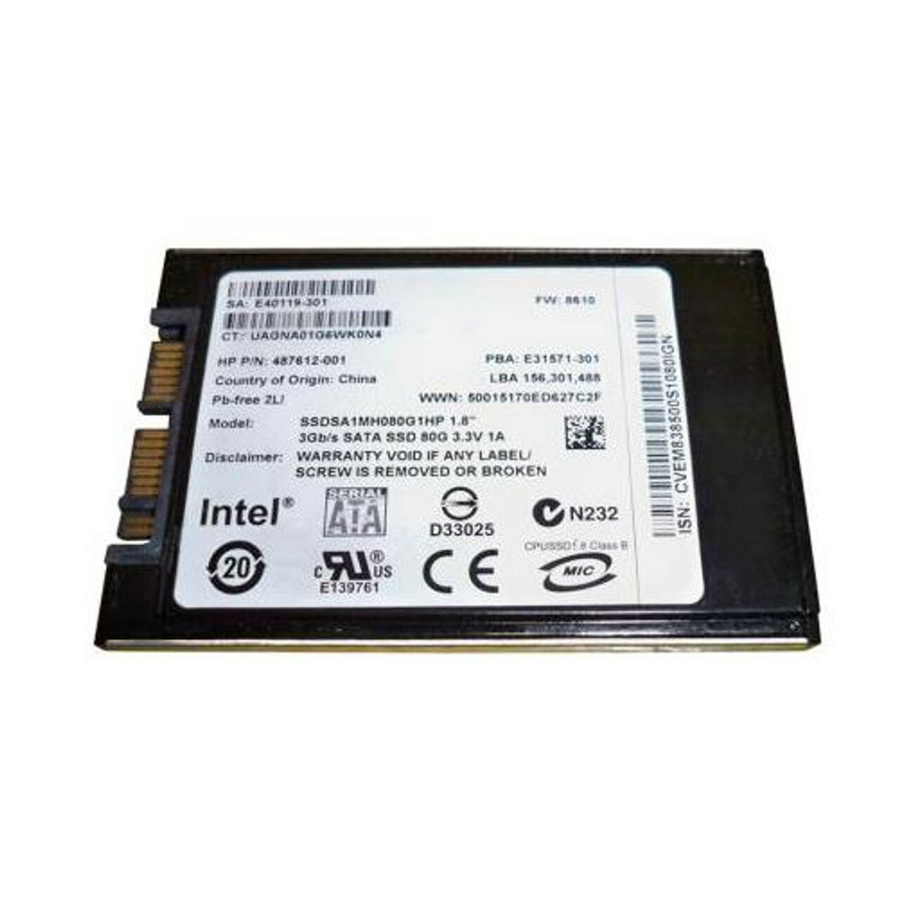 Жесткий диск SSD Intel (HP) X18-M 487612-002 E61006-302 E31571-301 SSDSA1MH080G1HP 80Gb (U300) Micro SATAII 1,8"