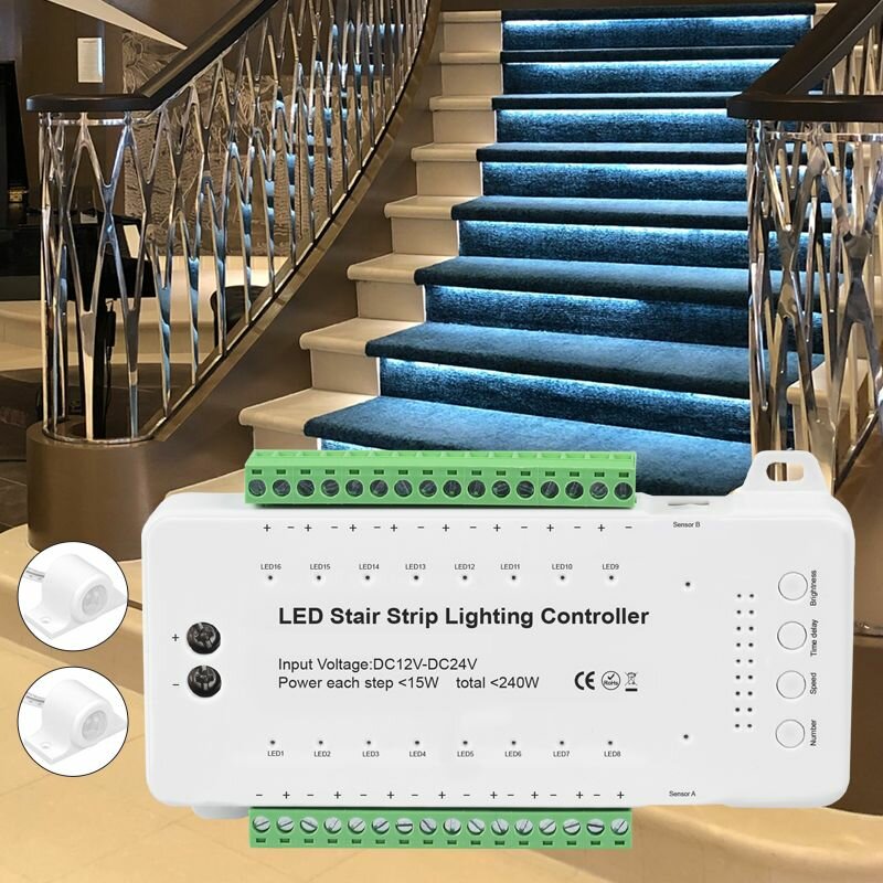 16 ступеней Led Stair Light Контроллер лестницы, с 2 датчиками движения PIR, для гибкой светодиодной ленты COB