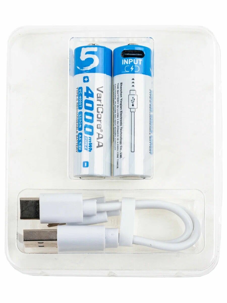 Аккумуляторные батарейки "AA" VariCore Li-ion 1.5V 2600 mAh, перезаряжаемые от Type-C, 2 шт в упаковке