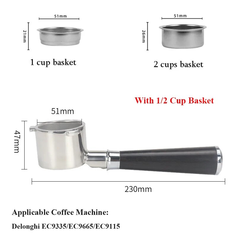 Деревянный портафильтр 51 мм с корзинами 1/2/2 чашки для Delonghi