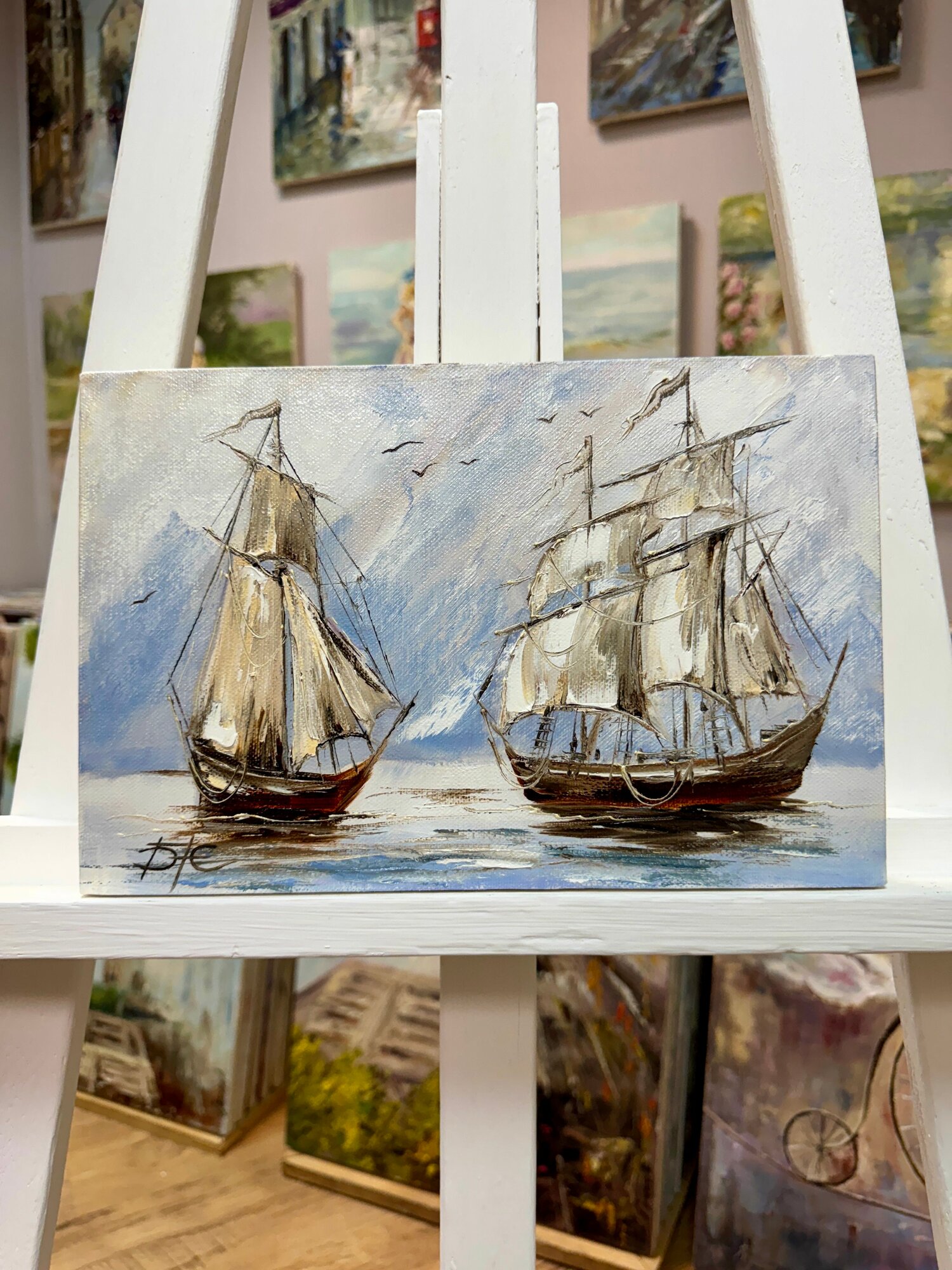 Картина маслом Морской пейзаж Парусники Корабли 20х30 см. Художественная мастерская Грёзы.