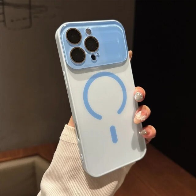 Для iPhone 16 Pro Max Роскошный магнитный мягкий силиконовый чехол Magsafe для телефона с рамкой для iPhone 12, 13, 14, 15, 17, защитный чехол с воздушным объективом Айфон 16 Про Макс, Light Blue Case